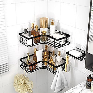 WinDerMo Corner Shower Shelves Caddy, Bathroom Shower Shelf with Soap Rack and 12 Hooks Organizer Storage Matte Black No Drilling Stainles Steel Large Capacity, 3pcs