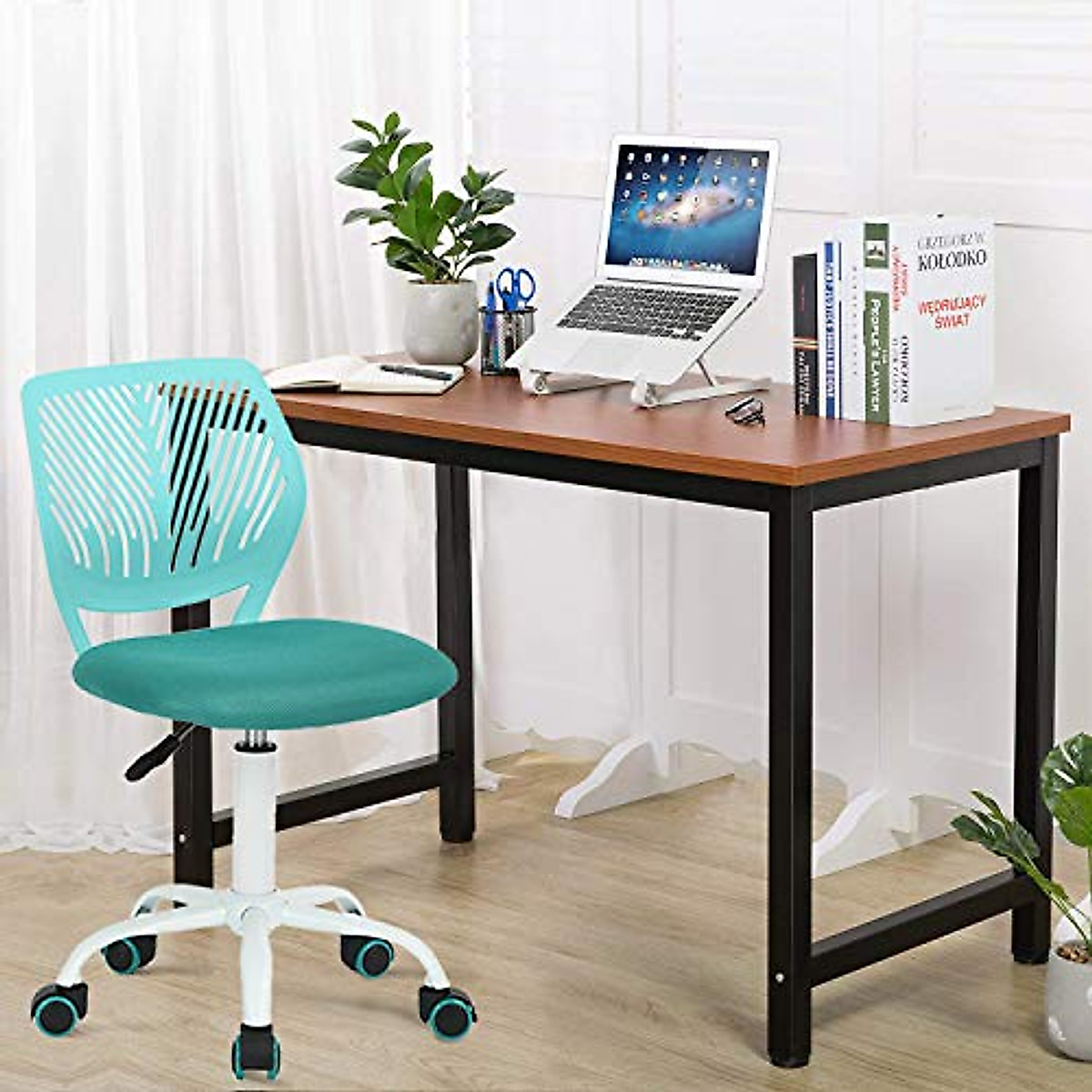 FurnitureR Writing Task Chair 360 Swivel,Low Mid PP Mesh Back Fabric Seat, Height Adjustable, Rolling Castor,W15.7”xD15.2”x H29.5-34.2",Turquoise