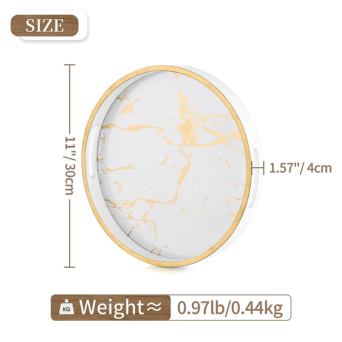Hanobe Round Decorative Coffee Tray: Marble Pattern Serving Circle Tray with Handles Coffee Table Trays for Living Room Bar Drink Party Home Kitchen, White