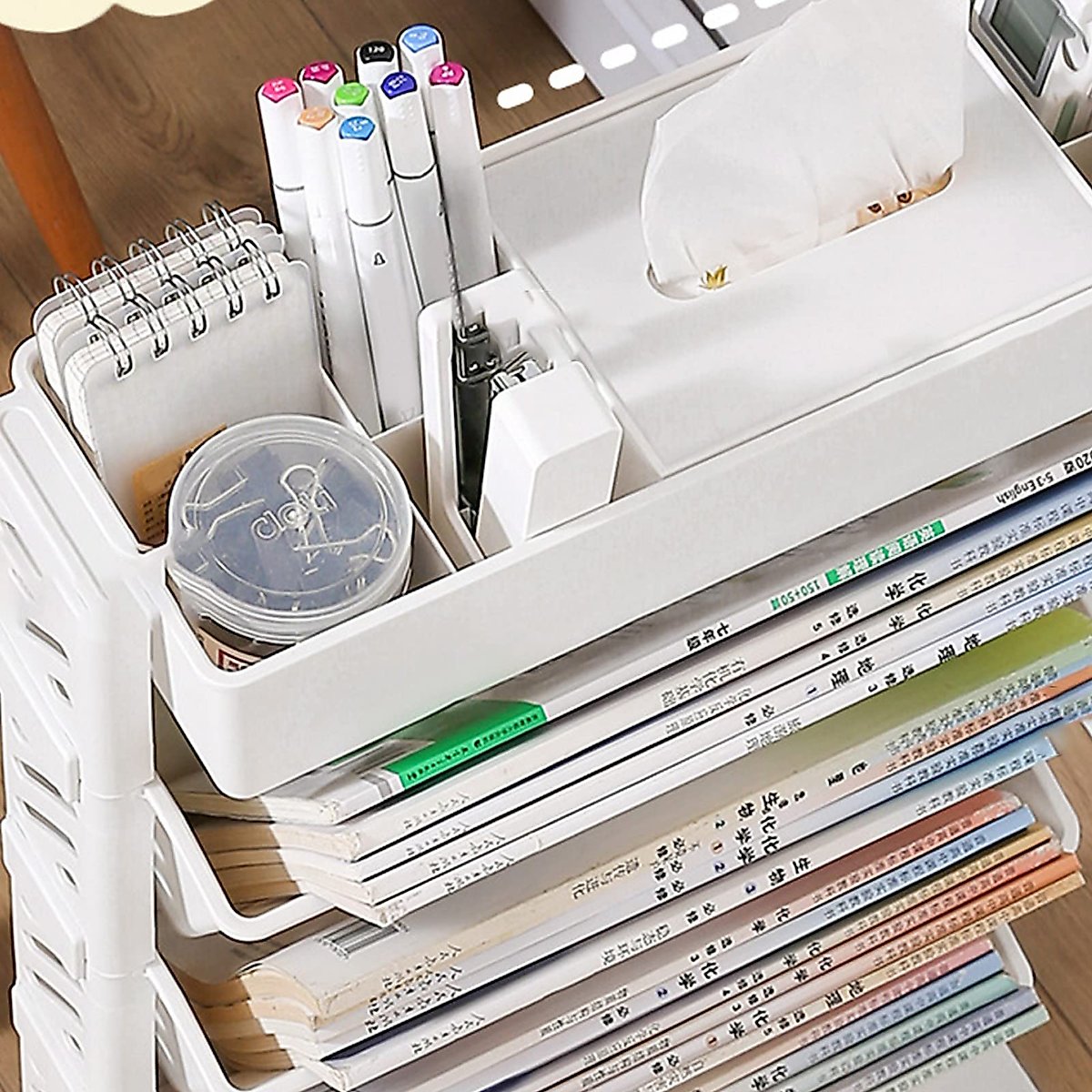 Movable Bookshelf Cart Rotatable Removable Plastic Multifunctional Rolling Cart Deskside Bookshelf Desk Organizer with Wheels (6 Layer)
