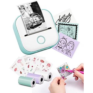 Label Makers, Mini Pocket Printer, Inkless Sticker Printer for School, Fast Printing Portable Mini Thermal Printer with Print Paper，Compatible with Phone & Tablet (1 Printer + 3 Rolls Paper,Green)