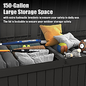 Greesum 150 Gallon Resin Deck Box Large Outdoor Storage for Patio Furniture, Garden Tools, Pool Supplies, Weatherproof and UV Resistant, Lockable, Black