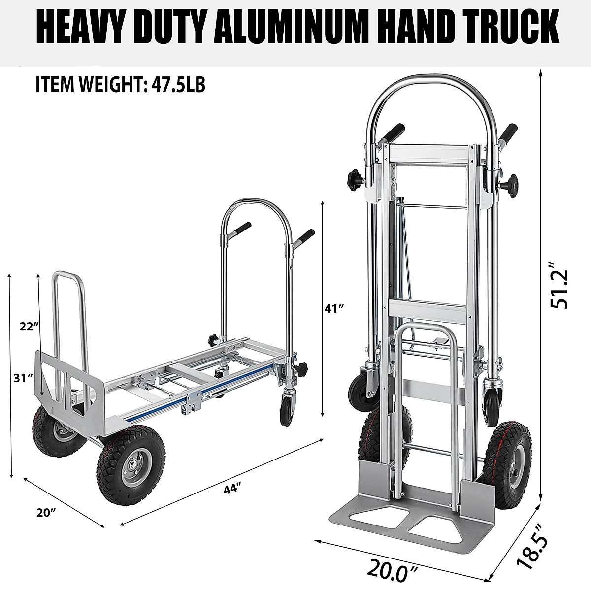 TOPDEEP 3in1 Aluminum Hand Truck,Convertible Hand Truck Dolly Large Size 1000 lb Capacity, Utility Cart Converts from Hand Truck to Platform Cart with 10" Hi Tech Rubber Wheels