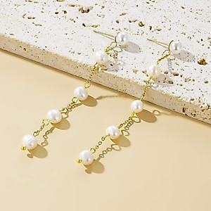 Pearl Dangle Drop Earrings for Women, 14K Gold Plated Pearl Long Vertical Bar Earrings Minimalist Jewelry Wedding Earrings Gift (Long Baroque Pearl Earrings)