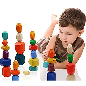 40 PCS Wooden Rocks Balance Stones Building Blocks Set, Colored Wood Balancing Stone Stacking Game, Lightweight Natural Educational Preschool learning Large Small Puzzle Toy for Kids (40PCS-2)