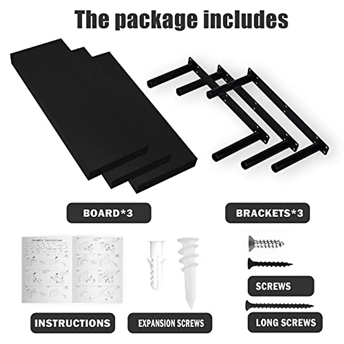 JENGRYOE Floating Shelf,Wall Shelf,Decor Wall Mounted Shelves,Hanging Shelf,for Bathroom Bedroom Kitchen Wall Decor,Black Shelves with Invisible Brackets Set of 3