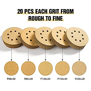 S SATC 100PCS 5 Inch Sanding Discs 60/80/120/150/220 Grits Gold Sanding Discs Hook and Loop 8 Holes Sandpaper Orbital Sander