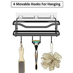 TESOT Shower Caddy, Adhesive Shower Shelf, No Drilling Shower Organizer, Rust Proof Stainless Steel Shower Rack with Hooks for Bathroom Storage, 2 Pack, Black