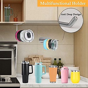 WSYLEN 2 Pack Tumbler Lid Organizer, Cup Lid Organizers Inside Cabinet for Yeti Tumbler/Stanley Tumbler Lids, Space Saving Cup Lid Holder and Hook for Kitchen Storage, Silver