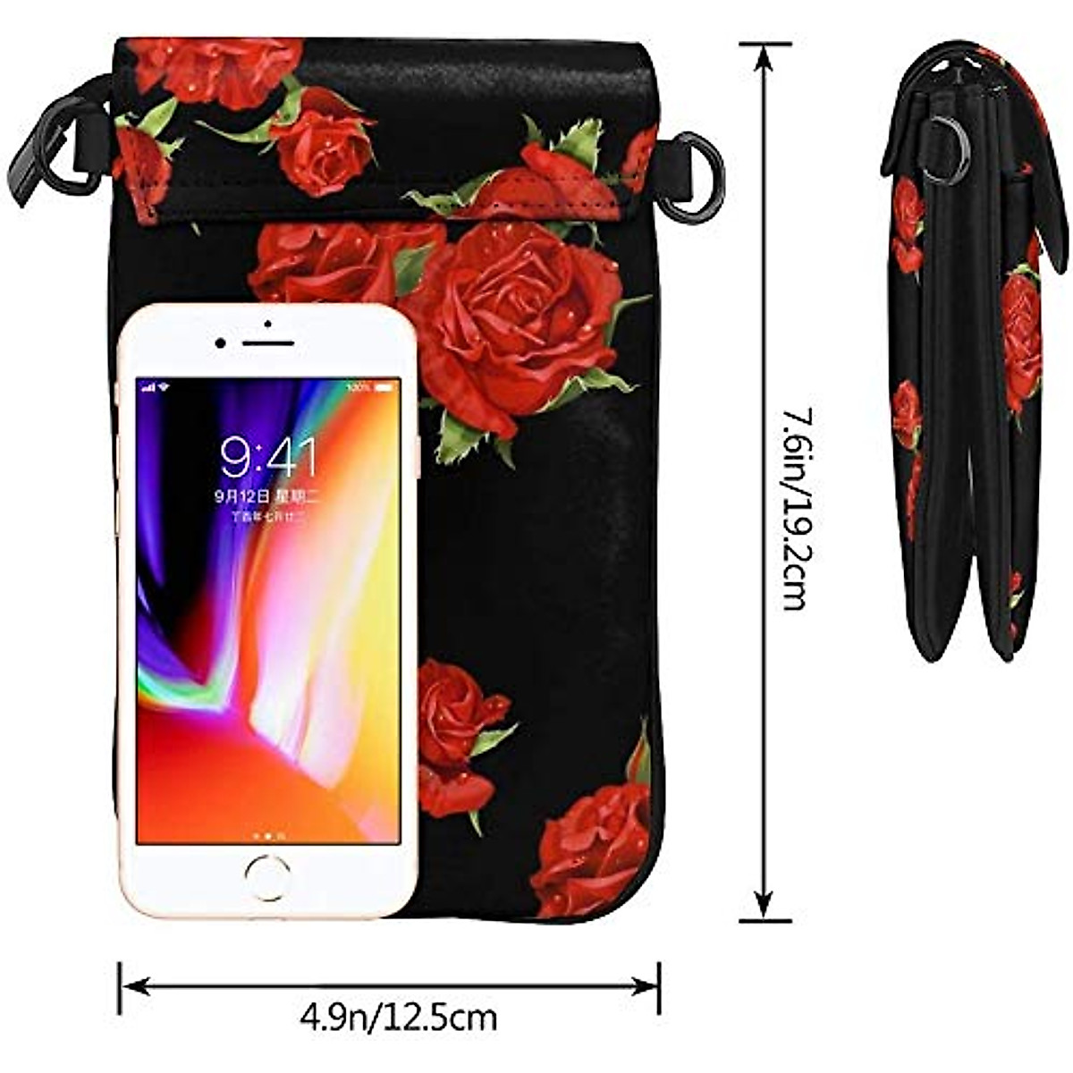 Red Rose Flower Black Women Soft PU Leather Cellphone Purse Wallet Handbag Small Crossbody Shoulder Bag