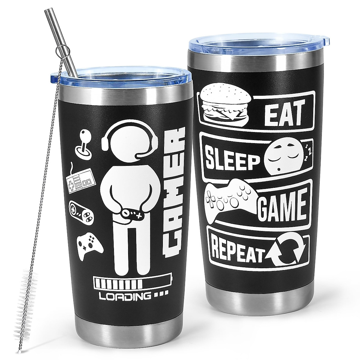 Icesip 20oz Gamer Tumbler - Stainless Steel Gaming Mug with Straw & Brush - Cool Game Controller Design - Birthday Gift for Men, Boys, Gamers