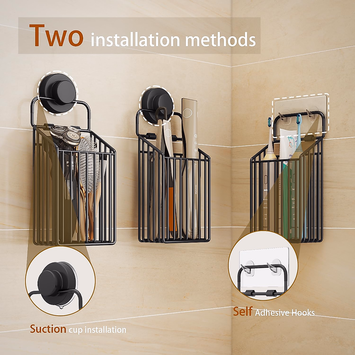 NiHome Hot Hair Tool Holder Basket, Versatile Storage for Curling Irons and Heat Tools with Suction Cup and Hook Installation, Sturdy Iron Multifunctional Use for Bathroom Countertop Organization