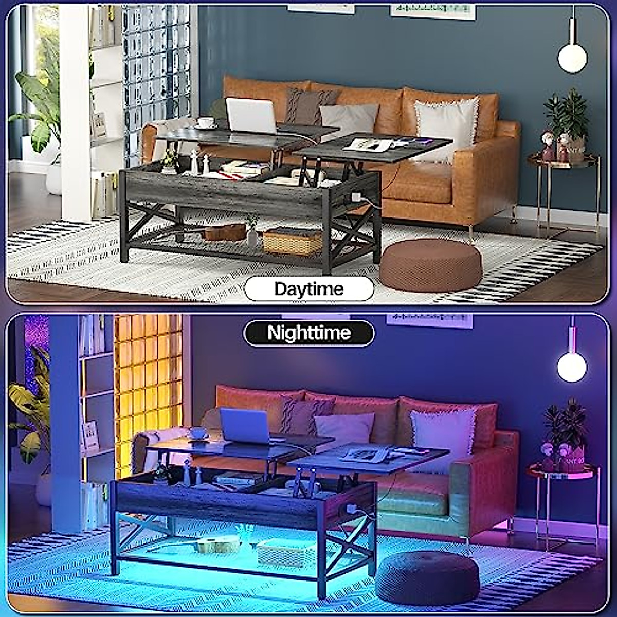 Aheaplus Coffee Table, Lift Top Coffee Table with LED Light and Power Outlet, Modern Lift-Top Table with Storage Shelf, Center Table for Living Room, Lift Tabletop, X Support, Metal Frame, Black Oak