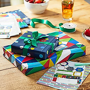 Hallmark Flat Wrapping Paper Sheets with Cutlines on Reverse (12 Folded Sheets with Sticker Seals) Red, Blue, Green, Yellow Geometric, Stripes, Dots for Birthdays, Father's Day, Graduation