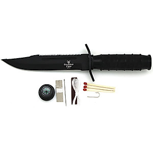 Snake Eye Tactical Fixed Blade Hunting Knife w/Survival Kit & Sheath Camping Fishing Matches Fish hooks Needles Compass (BLACK)