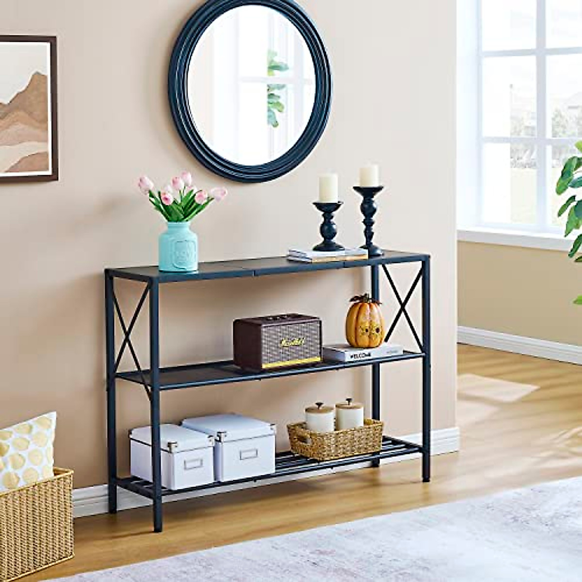 Hoctieon Black Console Tables for Entryway, 3 Tier Entryway Table, Narrow Sofa Table with Shelves, Hallway Table for Entryway, Living Room, Foyer, Office
