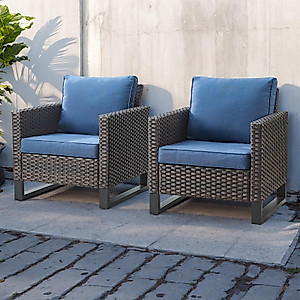 HUMMUH Patio Chairs Set of 2 PE Wicker Outdoor Dining Chairs High Back Deep Seating Porch Chairs with 4inch Seat Cushions