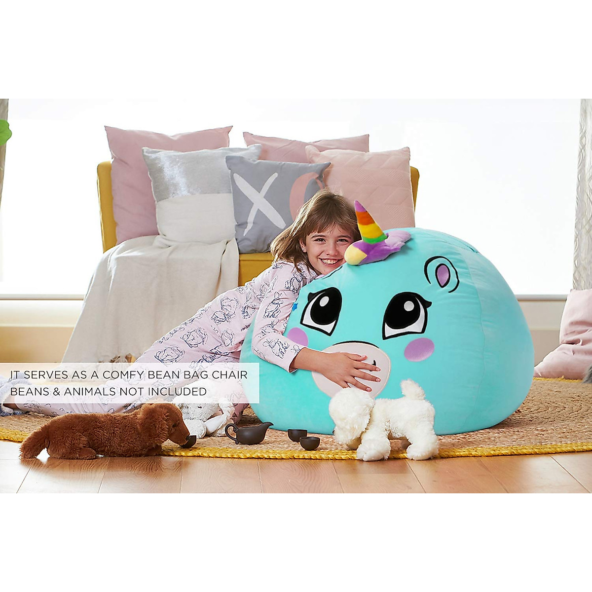 Aubliss Stuffed Animal Storage, Velvet Bean Bag Chairs Cover, X-Large 38" Ultra Soft Kids Toy Storage Organizer for Toys Blankets Towels Clothes, Cyan Big Eyes