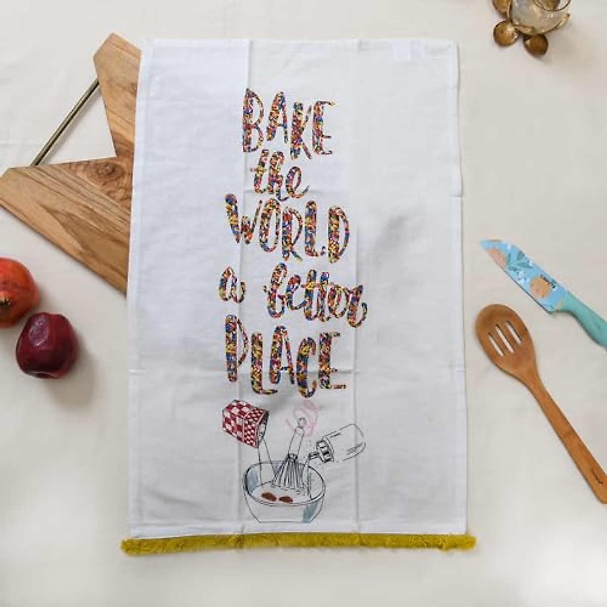 TARAN LIVING Printed Kitchen Dish Bar and Tea Towels Cotton, 18x28 inch with Trims, Cotton Dish Towel Sets (Yellow & White, Set of 2)