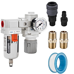 NANPU 1/2" NPT Compressed Air Filter Regulator Combo Piggyback, 5 Micron Element, Poly Bowl, Semi-Auto Drain, Bracket, Gauge (ARF4000)