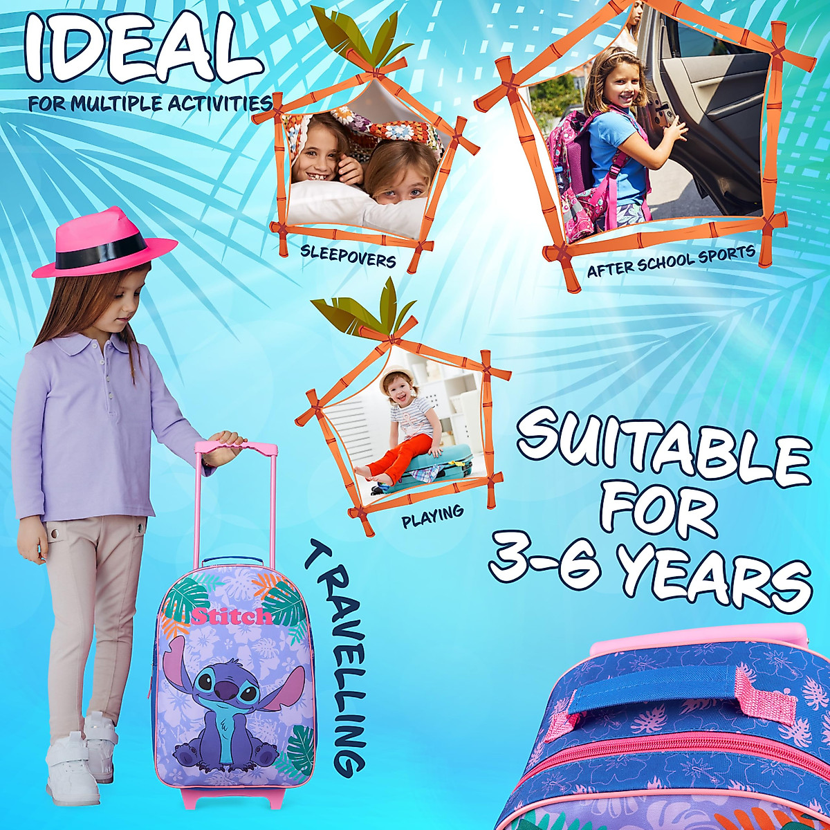 Disney Kids Suitcase - Foldable Trolley Bag 47 x 30cm, 2 Wheels Extendable Handle - Kids Gifts (Blue Stitch)