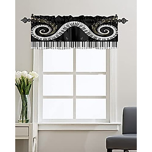 Curtain Valance for Windows Black White Piano Keys Gold Notes Kitchen Valances Rod Pocket Short Curtains,Music Instrumental Stave Swirl Window Treatment Panel for Living Room Bathroom Bedroom 42x12in