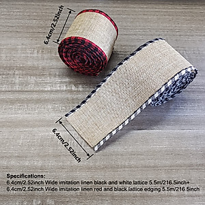 2 Rolls Glitter Buffalo Plaid Wired Edge Ribbons for Valentine's Day Gifts, Burlap Fabric Craft Natural Wrapping Ribbon Rolls with Checkered Edge for Christmas Party Box Wrapping Decor(1.5 x 216 Inch)