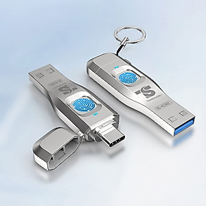 Fingerprint USB3.0 Flash Drive Encrypted 64G Memory Stick Pen Zip Drive Biometric Security Protection 2-in-1 Thumb Drive for PC Smartphone Laptop.