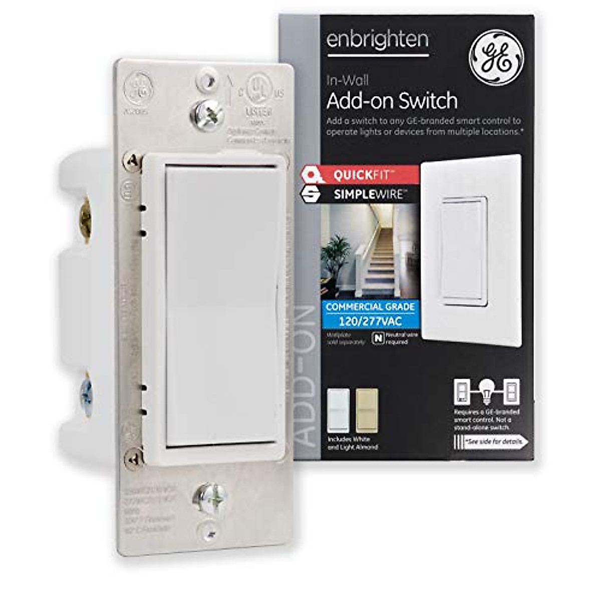 GE Enbrighten Z-Wave Plus Smart Light Dimmer, White & Light Almond, 46203 & Enbrighten Add-On Switch with QuickFit and SimpleWire, White & Light Almond, 46199