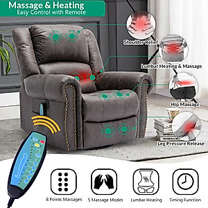 VIVIJASON Massage Swivel Rocker Recliner Chair with Heat & Vibration, 360° Swivel Manual Glider Rocking Reclining Chair with 2 Remote Controls, Side Pockets & USB Ports for Living Room, Smoky Gray