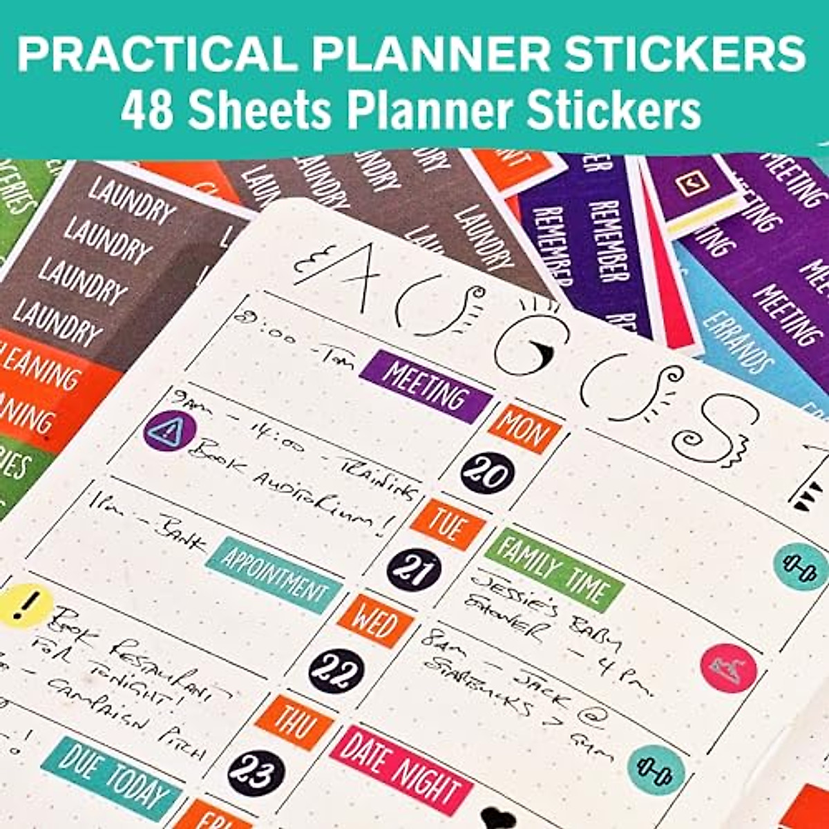 Practical Planner Stickers - Value Pack 48 Sheets, 6 Months of Aesthetic Agenda Stickers for Weekly Planner, Bullet Dot Journal - Planning, Goals, Fitness, Habit Tracking, Days