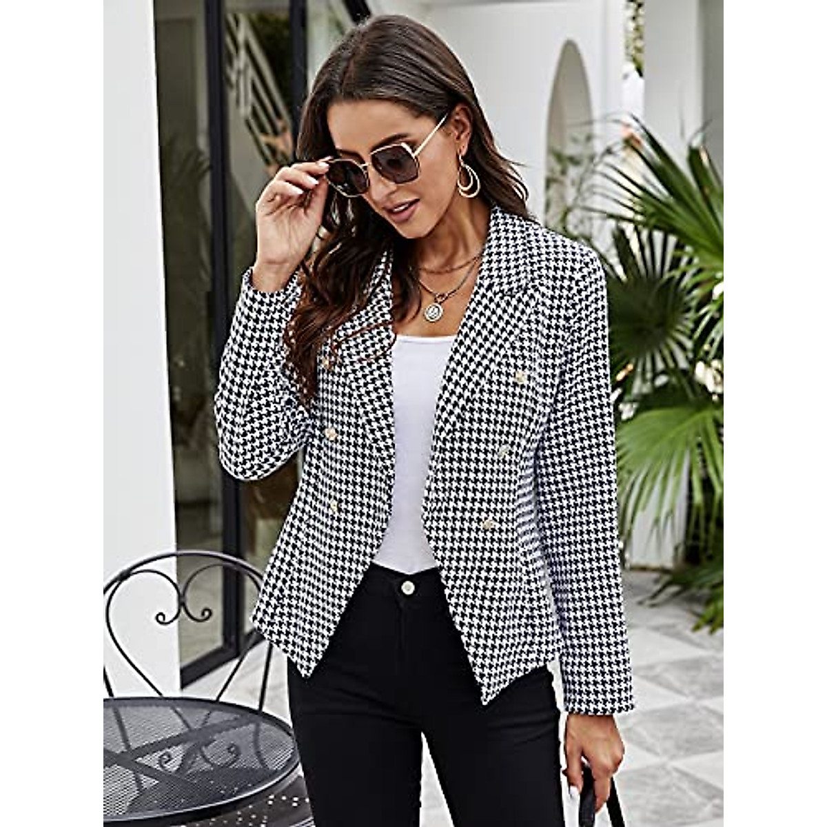 SheIn Women's Houndstooth Long Sleeve Lapel Collar Double Breasted Blazer Jacket Black and White Large