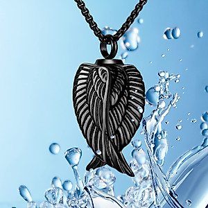 YOUFENG Angel Wing Urn Necklace for Ashes Stainless Steel Cremation Jewelry Always in My Heart Ashes Necklaces Memorial Keepsake for Men Black