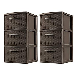 TRFMY 3-Drawer Wide Weave Design Storage Tower,Frame & Drawers w/Driftwood Handles,Set of 2 (Espresso)