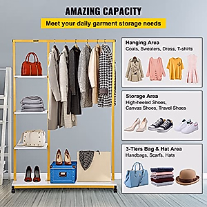 VEVOR Clothing Garment Rack, 39.4"x14.2"x59.1", Heavy-duty Clothes Rack w/Bottom Shelf & Extra 3 Side Shelves, 4 Swivel Casters, Rolling Clothes Organizer for Laundry Room Retail Store Boutique, Gold