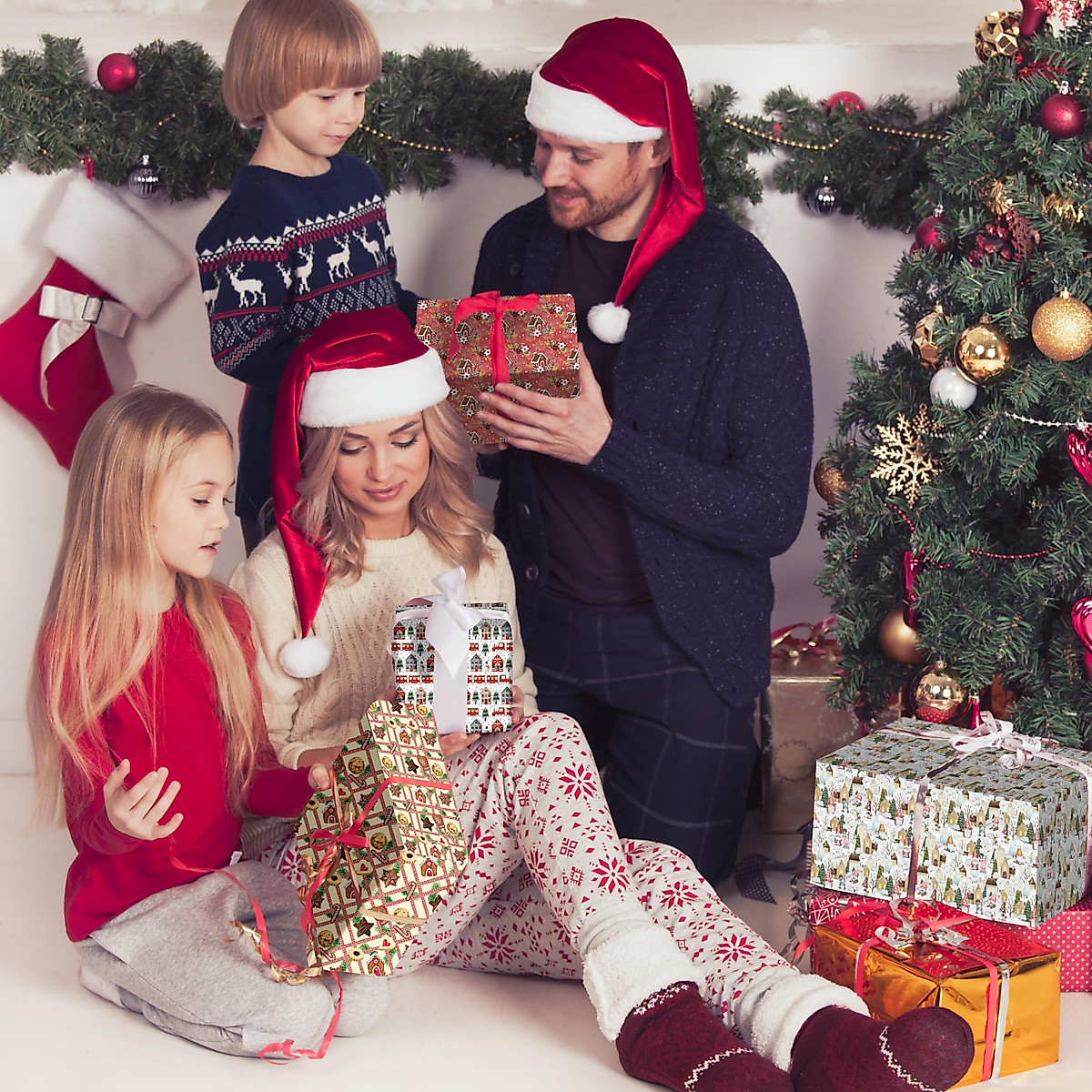 RiukRaiu Christmas Wrapping Paper For Kids Men Women Gift's.Xmas Design-Gift Wrap Contain Snowman Train Biscuit House Candy Skiing Gnome Santa Claus.8 Sheets 20 X 29 Inch, Folded Flat Not Roll