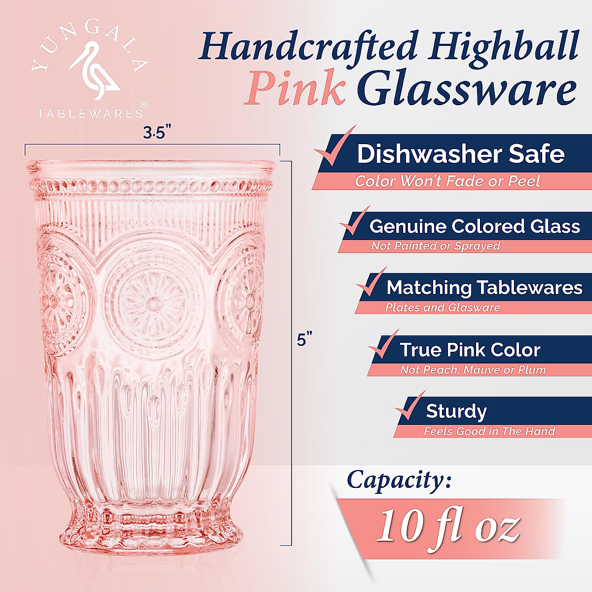 Yungala Pink Highball Tumblers set of 6 vintage glassware pink drinking glasses for lovers of colored glassware and colorful drinking glasses