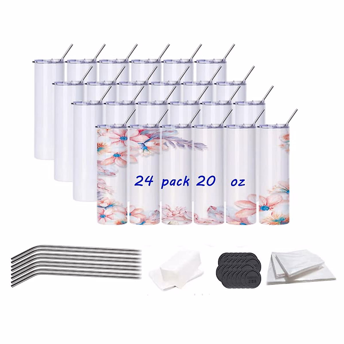 Case of 24pk Stainless Steel Sublimation Tumblers Straight Skinny Blank Mugs With Lids And Straw +Rubber mat (20oz)