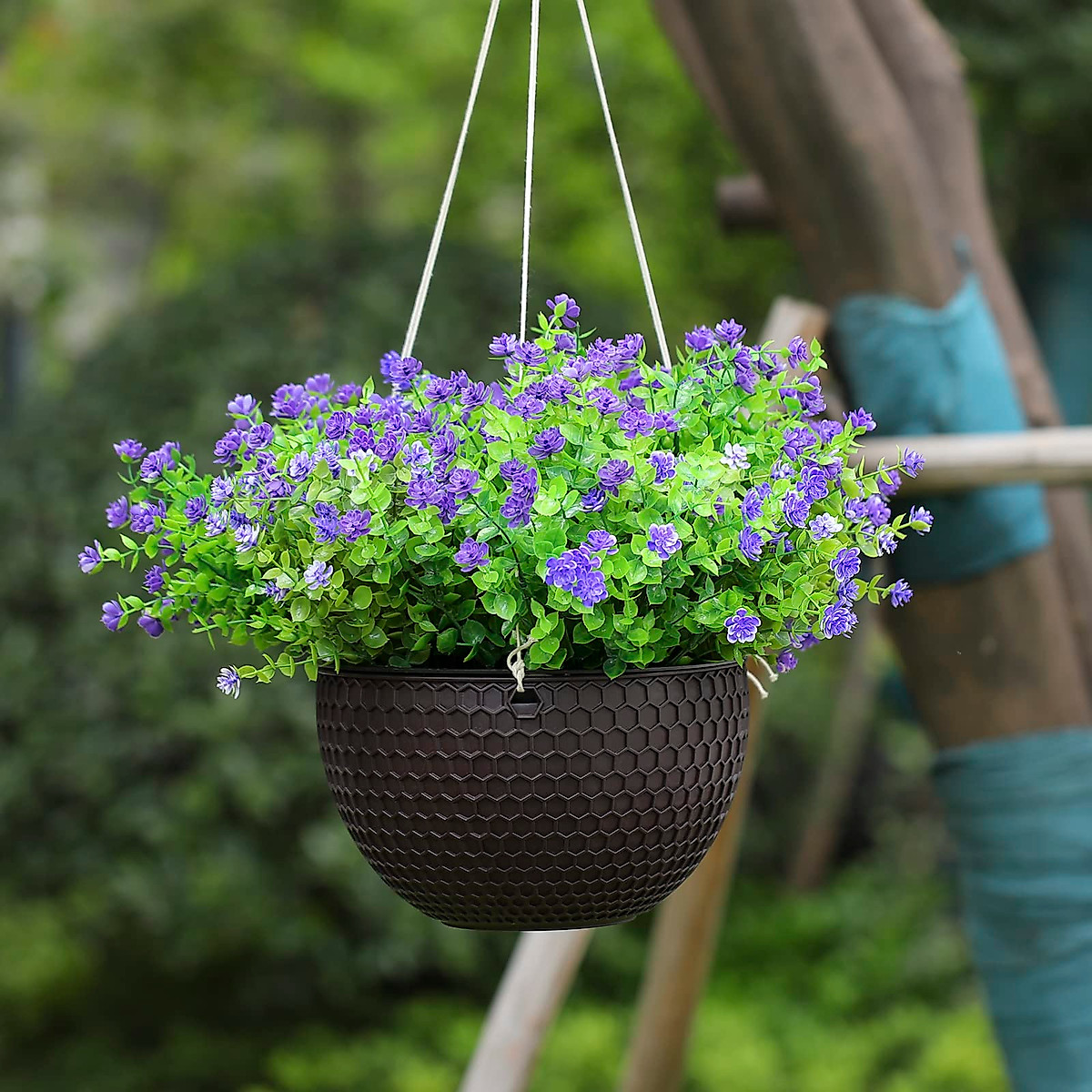 Momkids 4 Pcs Sprlng Artifical Flower & Plant Outdoor Uv Resistant Faux Plastic Floral Fake Greenery Shrubs Hanging Plant Planter for Home Garden Window Box Balcony Porch Decoration (Purple)