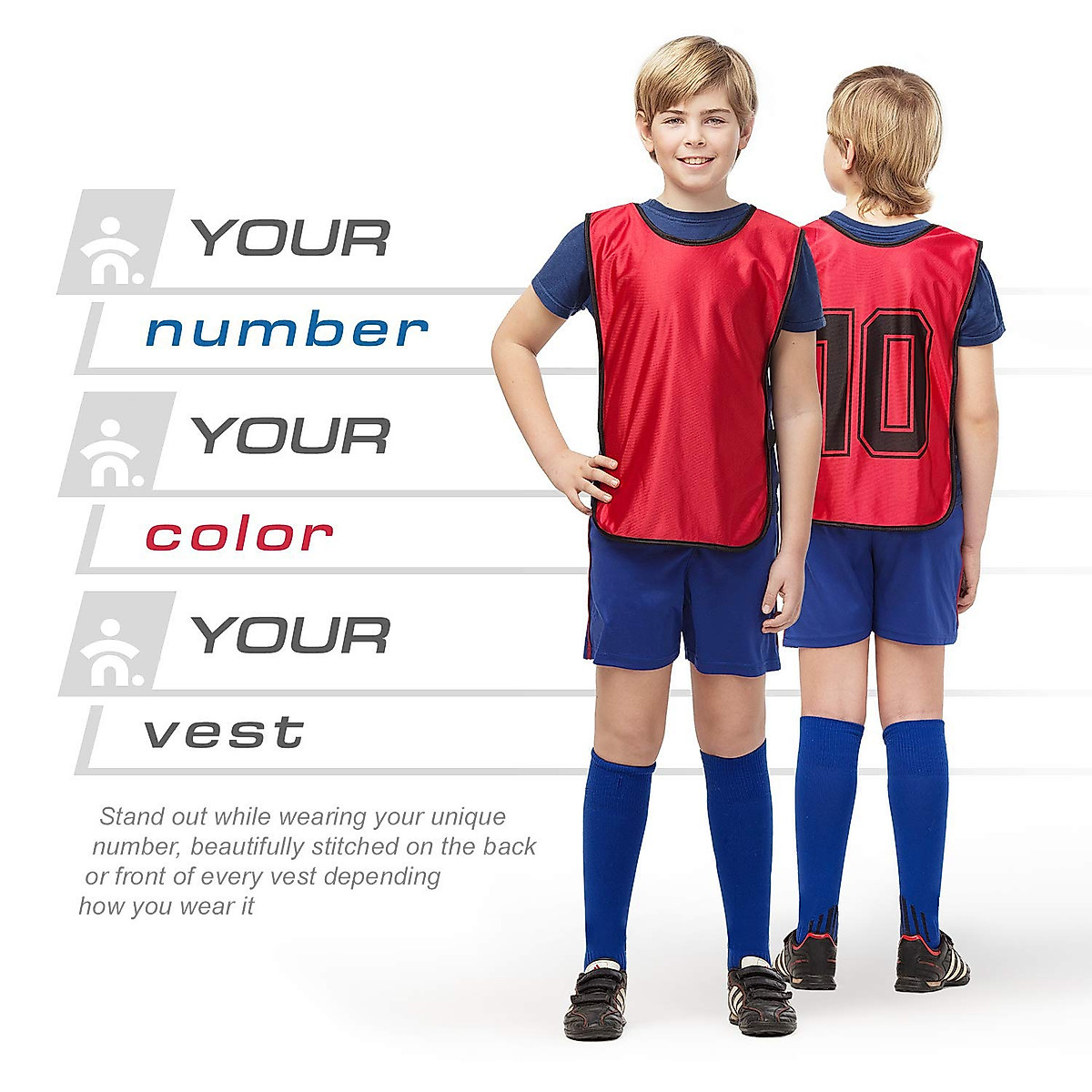 4Gambeta (DB, XL, #13-24) Premium Scrimmage Sport Training Vest - Soccer, Basketball, Football and Hockey Pinnies - Practice and Game Bibs for Kids, Youth and Adults - 12-Pack with Carry Bag