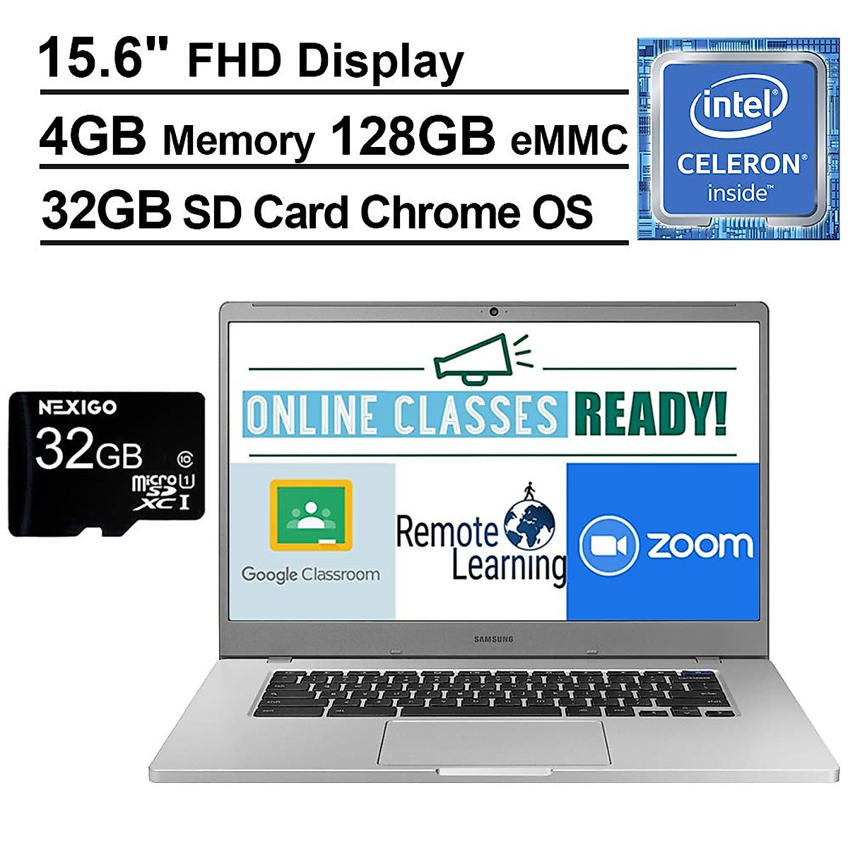 SAMSUNG 2021 Chromebook 15.6 Inch Laptop| FHD 1080P Display| Intel Celeron N4000 up to 2.6 GHz| 4GB RAM| 128GB eMMC| Bluetooth| Chrome OS + NexiGo 32GB MicroSD Card Bundle