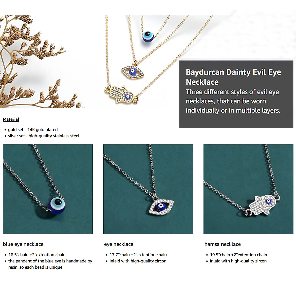 Baydurcan Gold Dainty Evil Eye Necklace and Hamsa Necklace Turkish Blue Eye Hand Pendant Necklace 3pcs Lucky Protection Jewelry Gift for Women Teenagers