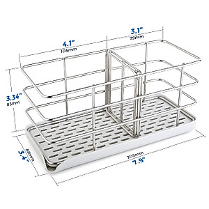 Damita Sponge Holder for Kitchen Sink, Stainless Steel Sink Caddy Organizer Rack, Brush Dish Soap Dispenser Bar Accessories Tray Drainer, with Drain Pan for Bathroom Countertop Storage