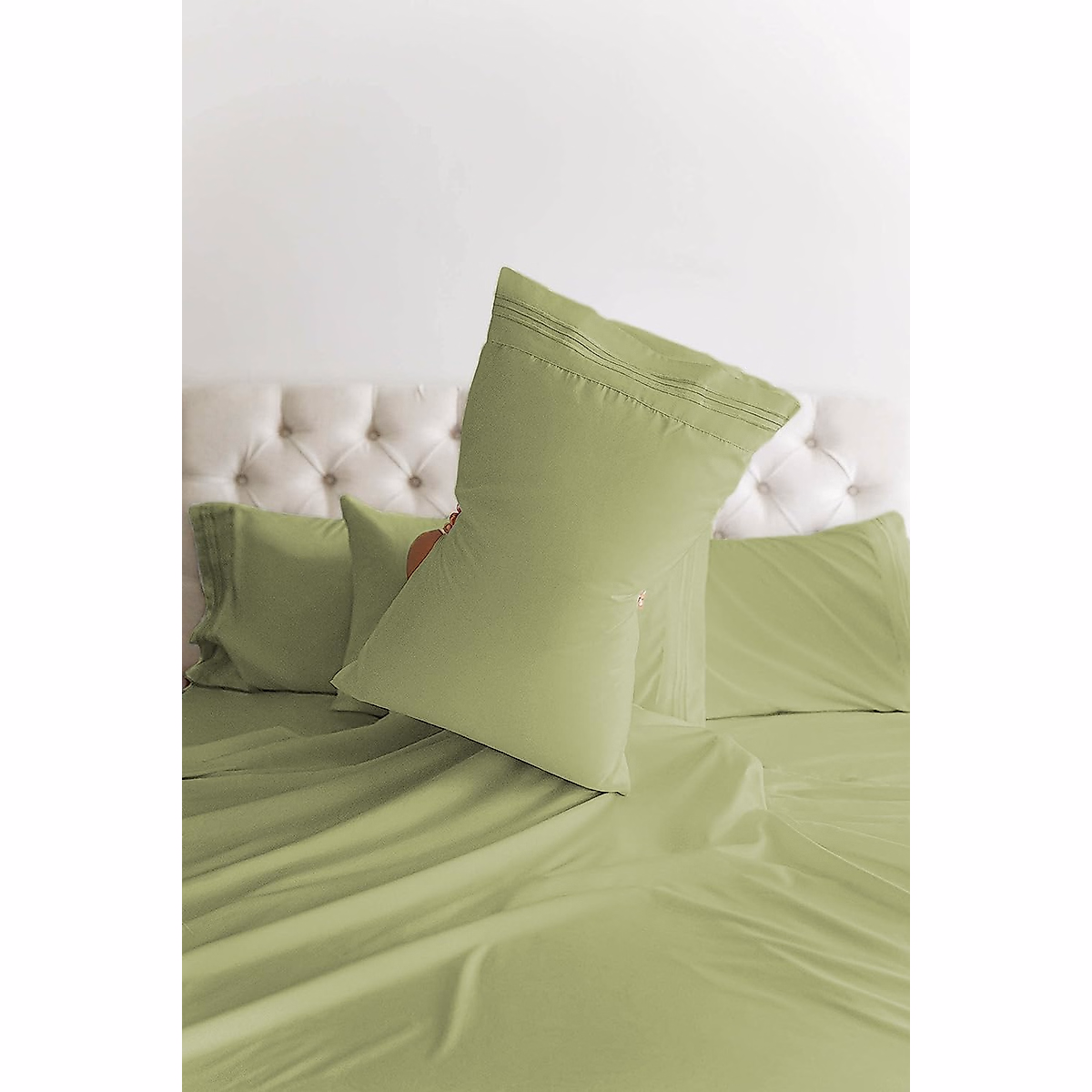 CGK Unlimited Split King 7 Piece Bed Sheet Set- Hotel Luxury Bed Sheets for Women, Men, Kids & Teens Deep Pockets, Breathable & Cooling, Easy Fit, Soft & Wrinkle Free Light Olive Sheets