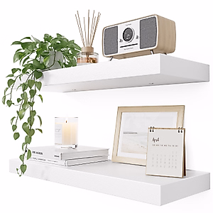 AMADA HOMEFURNISHING Pine Wood Floating Shelves, Solid Wood Wall Shelves with Enhanced One-Piece Brackets for Kitchen/Bathroom/Bedroom/Living Room Storage, Wooden Shelves for Room Wall Decor, AMFS30W