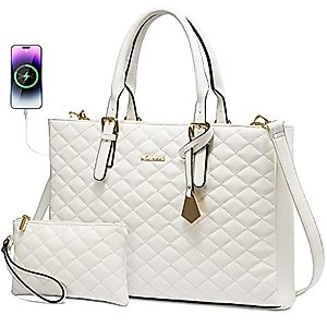 LOVEVOOK Laptop Bag for Women, Work Tote Bag Quilted Leather Computer Shoulder Bag, 15.6 inch Laptop Tote Purse Set, Waterproof Business Briefcase Handbag 2 PCS for Office,Teacher Beige