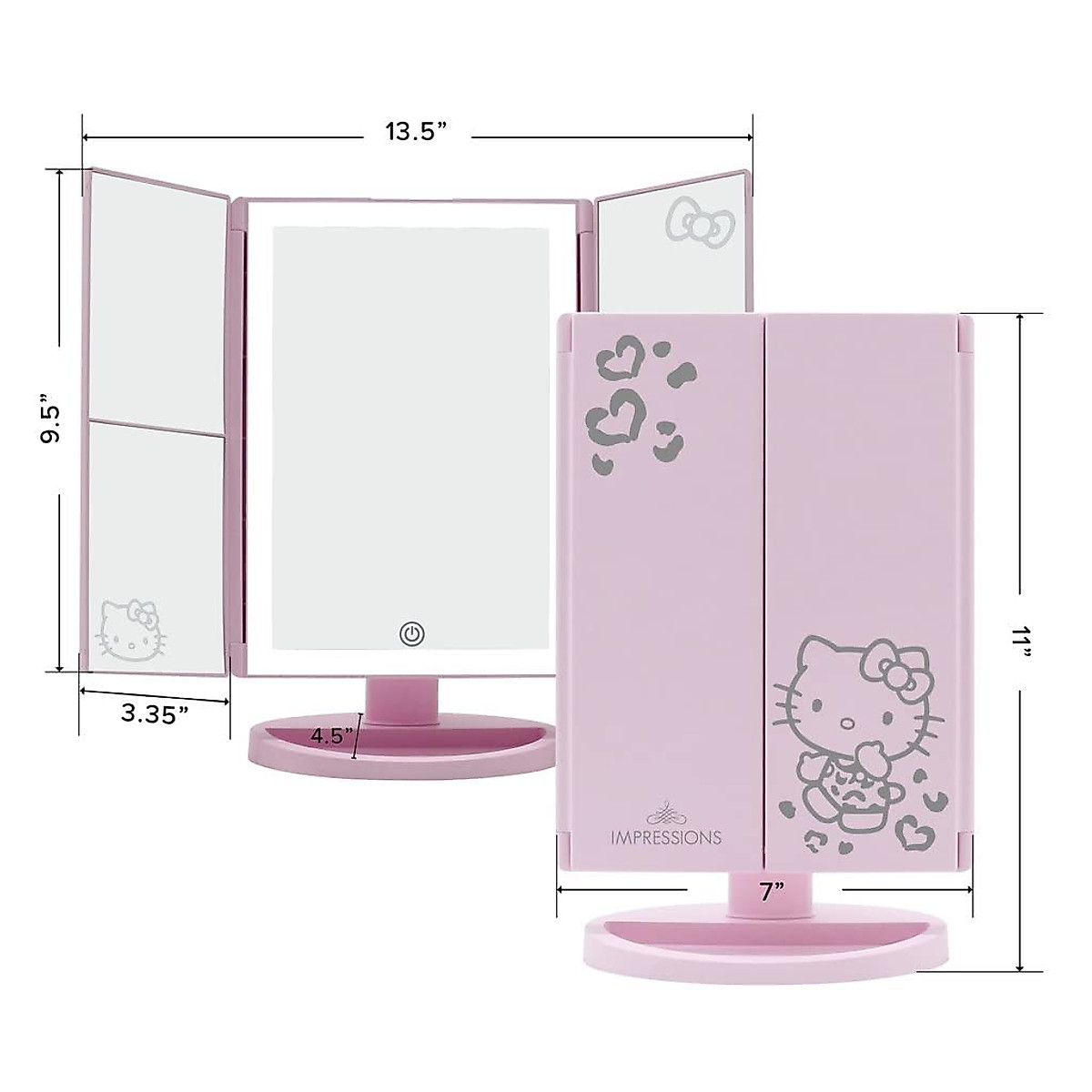 Impressions Makeup Vanity Hello Kitty, Trifold With LED Lights Tri-Tone Mirror with Touch Sensor and Three Adjustable Panels, Handheld Magnifying Mirror (Pink)