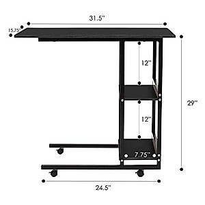 Desk Movable Office with Wheels Two Shelves Wood Sofa Side Table Slide | Black