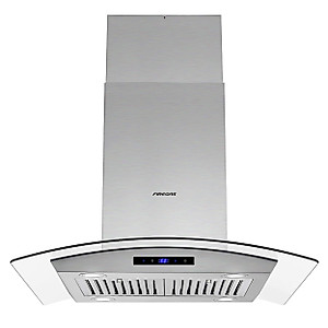 FIREGAS Island Range Hood 30 inch 450 CFM with Chimney, Ceiling Mount Kitchen Vent Hood with Tempered Glass, 4 LED Lights, Permanent Filters, Premium Touch Control Panel, Includes Charcoal Filter