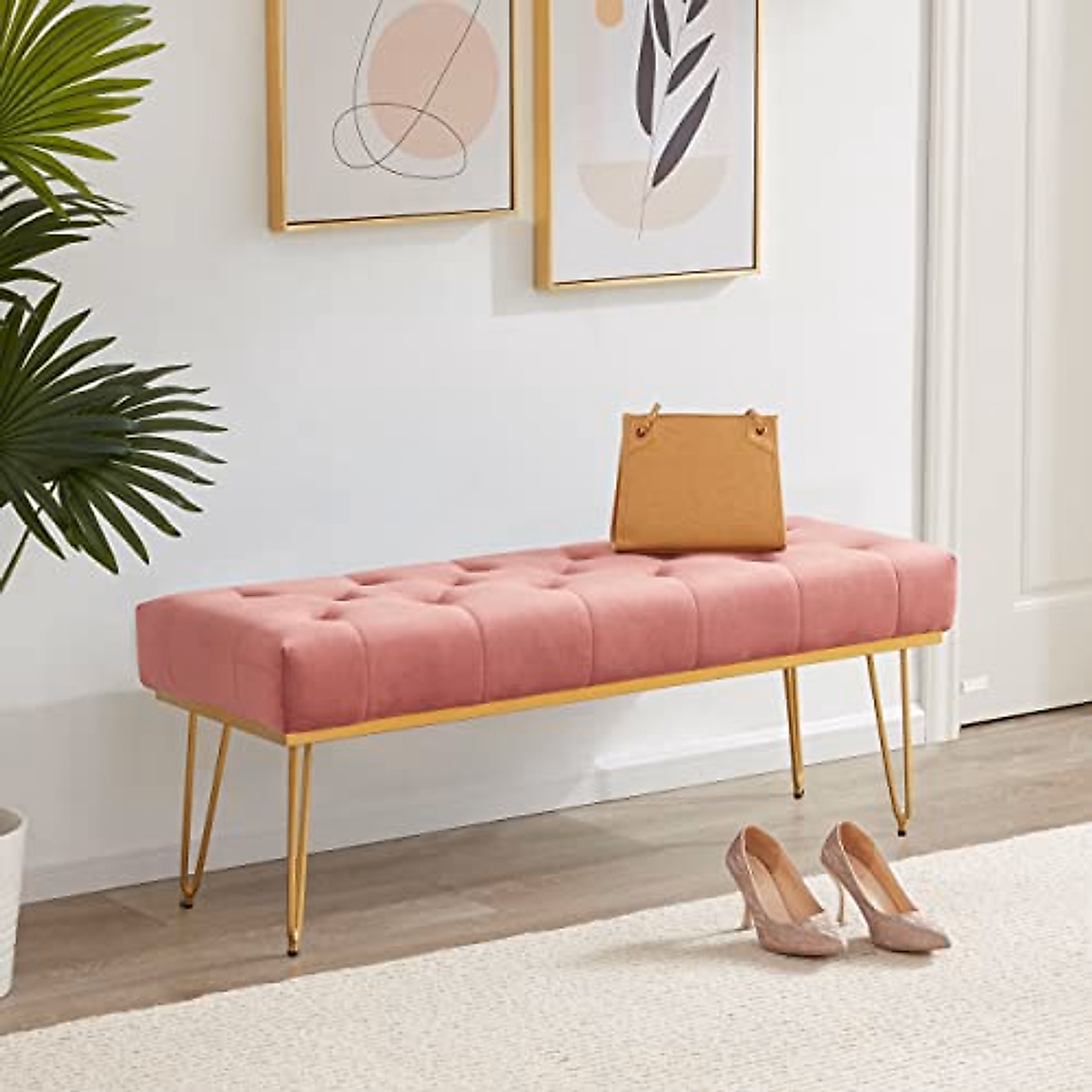 Kingfun Velvet Bedroom Bench with Gold Base&Metal Legs, Tufted Upholstered End of Bed Bench, Indoor Benches for Entryway Dining Living Room Window, Accent Ottoman Bench long Seat Foot Rest Stool(Pink)